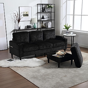 Sectional Sofa Couch with Ottoman, Chenille 3-Seat Sofa with Cup Holders, Upholstered L Shaped Couches with Storage Ottoman and Pocket, Comfy Furniture for Living Room, Small Apartment, Office, Black
