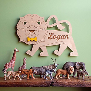 Lion Nursery Room Sign Personalized Name Wooden Animal Wall Hanging Handmade Baby Gift