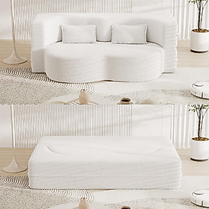 Luoyisimall Folding Modular Floor Love Seat Couch Convertible 78" Full Size Mattress，Modern Teddy Fabric Foam Filled Sleeper Sofa Bed with 2 Pillows for Living Room, Guest Room, Apartment (Beige)