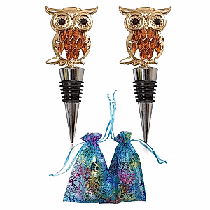 Adonisaon Owl Wine Stoppers Cute Wine Stopper Decorations Metal Zinc Alloy Wine Bottle Stopper Reusable Wine and Beverage Stoppers (2 Beautiful Packs with Golden Wine Stoppers)