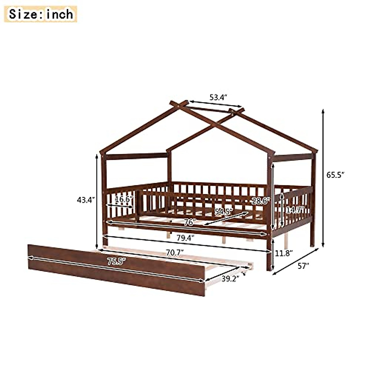 DHHU Daybed with Trundle, Full Size Wooden House Bed with Twin Size Trundle Bed, Wood Bed Frame with Roof and Safety Guardrail for Kids, Teens, Boys or Girls, No Box Spring Required