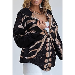 ASTANFY Skeleton Oversized Zip Up Hoodie Women Halloween Skull Sweashirt Y2k Skull Sweashirt Fall Streetwears Pullover Tops