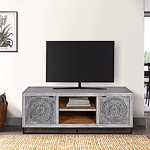The Urban Port 63-Inch Handcrafted TV Media Entertainment Console, 2 Medallion Engraved Doors, Sandblasted Gray Mango Wood, Black Iron Stand