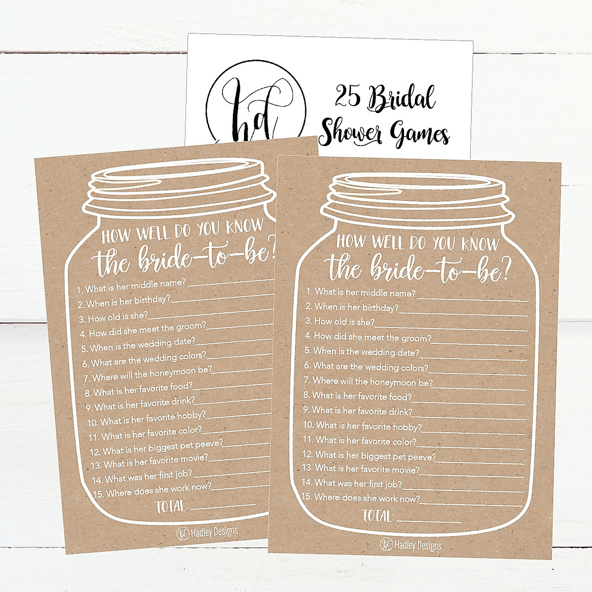 Hadley Designs 25 Cute Rustic How Well Do You Know The Bride to be Bridal Wedding Shower, Bachelorette Party Game, Couples Guessing Question Set of Cards Pack Unique Printed Engagement