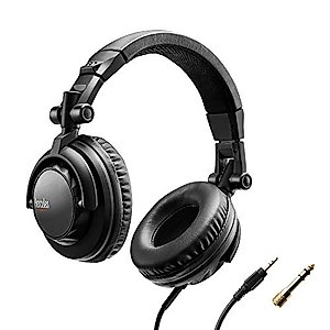Hercules HDP DJ45: Closed-back headphones for DJs. Foldable, with pivoting earpieces and a 6.6-foot/2-meter cable