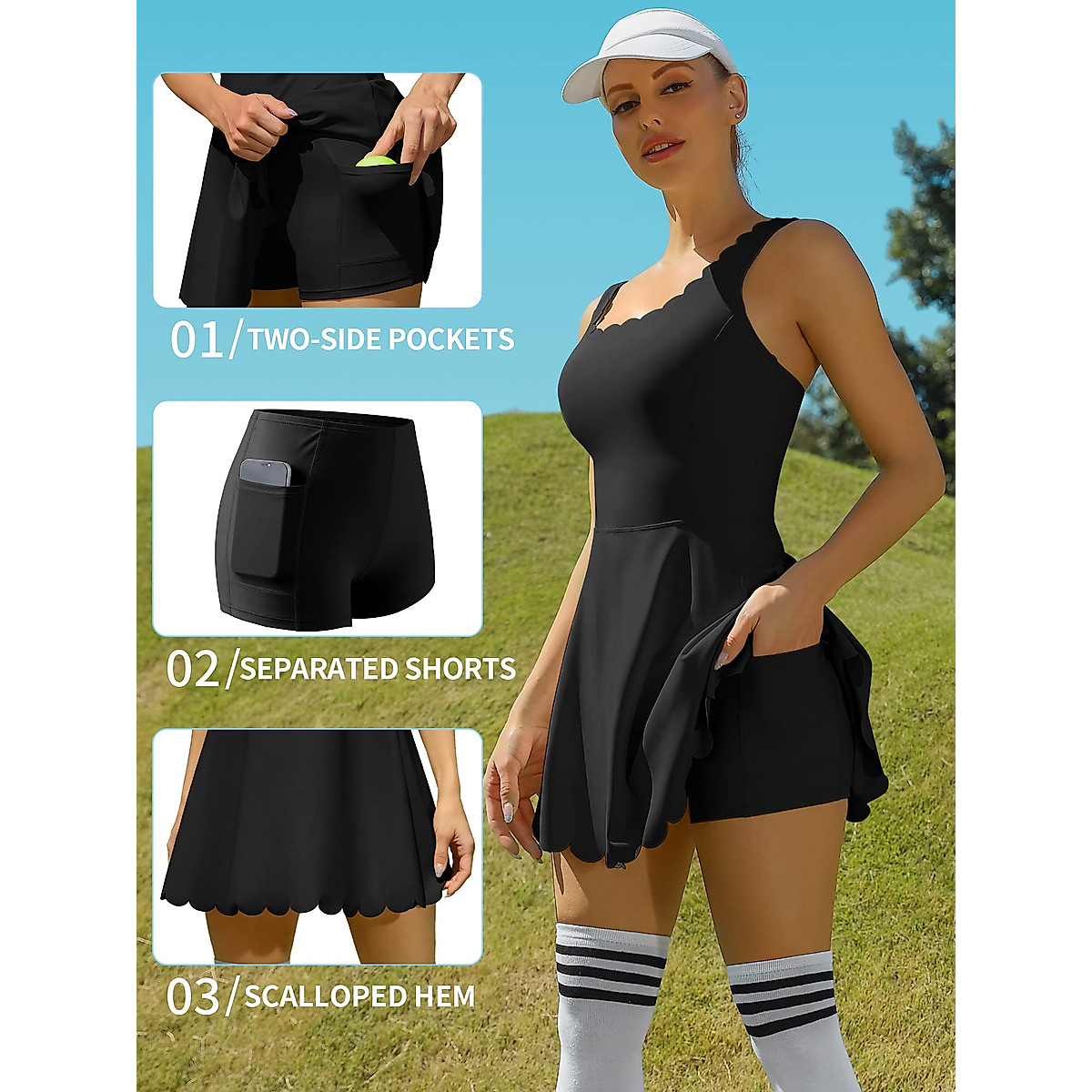 ATTRACO Women's Workout Dress with Shorts Pockets Golf Skirt Sport Exercise Outfits Black M