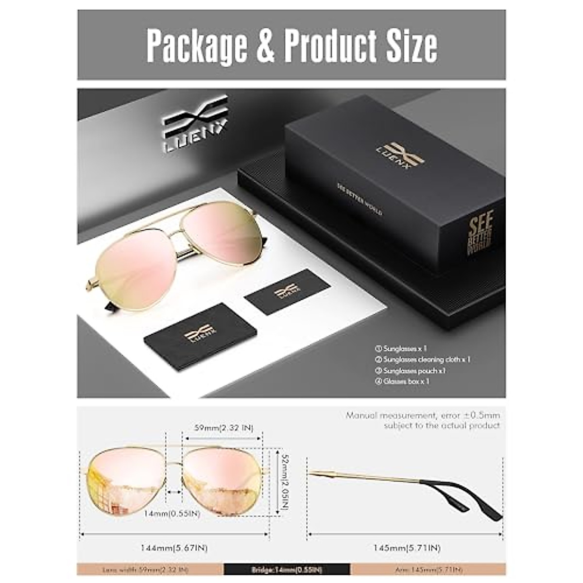 LUENX Aviator Sunglasses for Women Polarized - Driving Trendy Sun Glasses UV 400 Protection Pink Mirror Lens Gold Frame 60mm