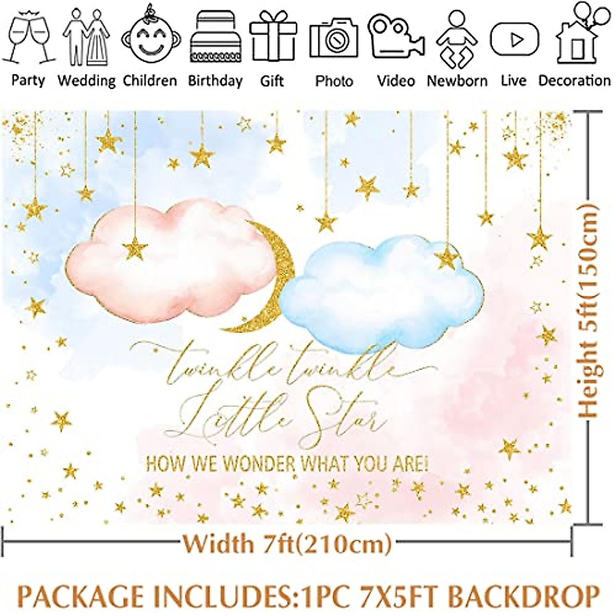 Avezano Twinkle Twinkle Little Star Gender Reveal Backdrop Pink Blue Little Stars Baby Shower Background Glitter Gold Stars Moon Baby Reveal Surprise Party Photoshoot Banner(7x5ft)