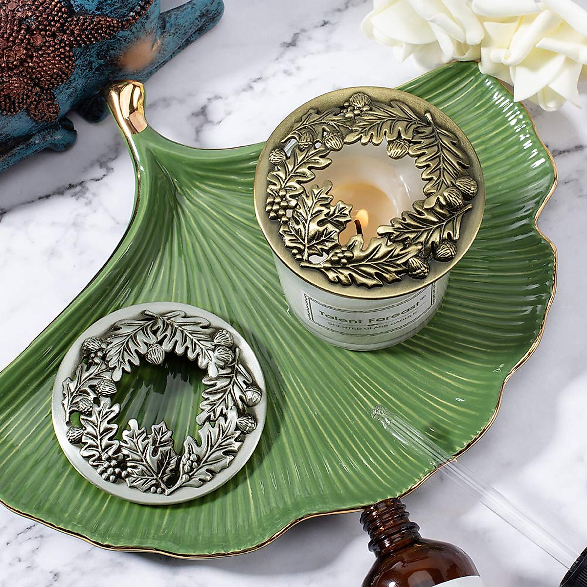 PH PandaHall 2 Pack Candle Topper Leaf Pine Candle Topper Shade Jar Lid Shade Sleeves for Jar Candles - Help Candle Melt Evenly and Look Great, 3.19 in Diameter(Antique Bronze & Antique Silver)