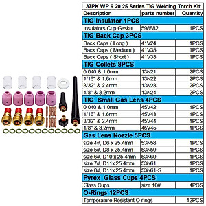 Zinger 37pcs TIG Welding Torch Gas Lens Kit Accessories for DB SR WP 9 20 25 Tig Welding Torch,with #10 Pyrex Cup+Alumina Nozzle+Collet+Gas Lens Collets Body +Cup Gasket etc