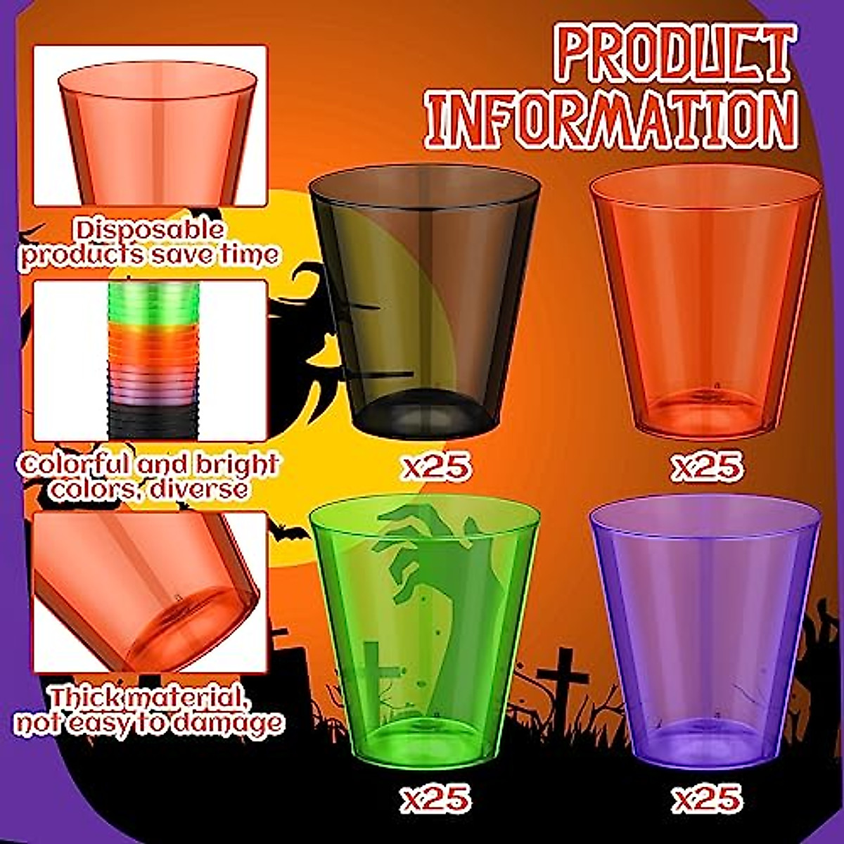 Sunnyray Halloween Plastic Shot Glasses Bulk 2 oz Clear Hard Plastic Disposable Cups Colorful Small Tasting Cups Disposable for Wine Whiskey Food Halloween Party Drinking Supplies (Classic,100 Pcs)