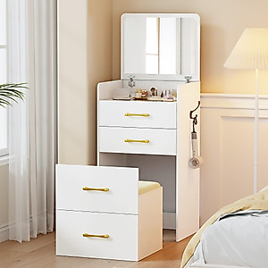 JDPAG 3-in-1 Vanity Desk with Flip Top Mirror, Makeup Vanity Table with Cushioned Stool for Small Space, Compact Dressing Table, Vanity Set for Bedroom