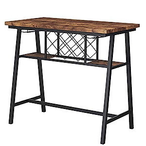 O&K FURNITURE Counter Height Dining Room Table Set for 4, Bar Table with One Bench and Two Stools, Industrial Table with Wine Rack for Kitchen Counter, Small Space Table and Chairs Set, Rustic Brown