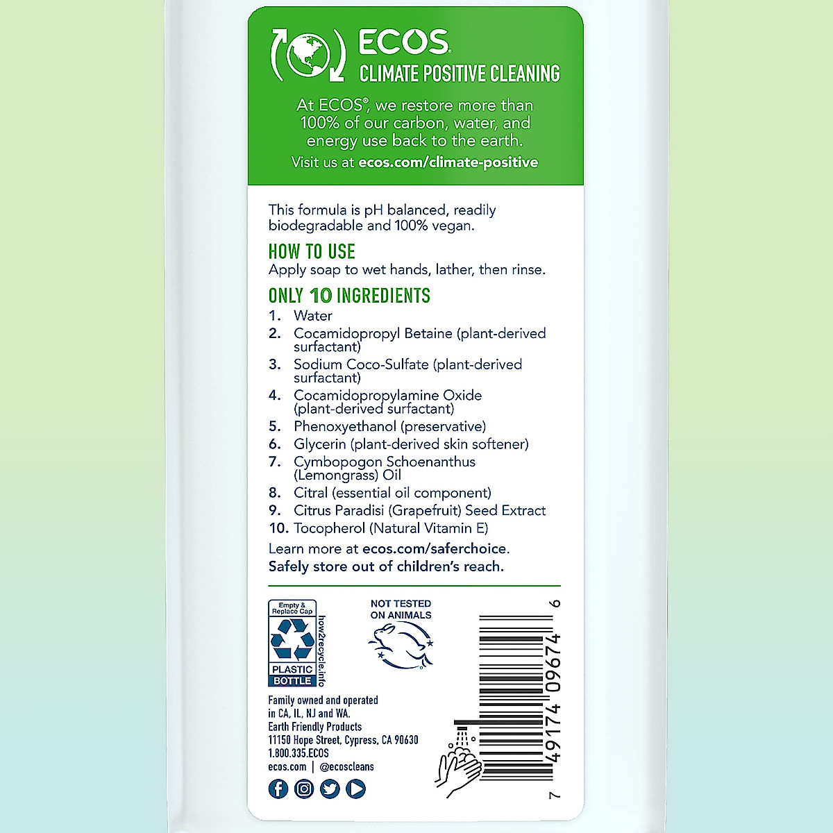 ECOS Hypoallergenic Hand Soap, Lemongrass 32 Fl Oz