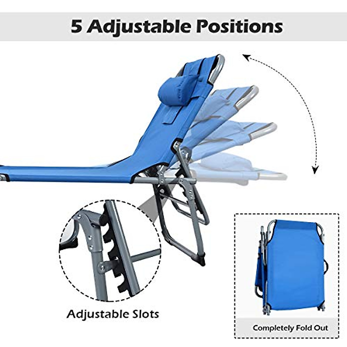 GYMAX Tanning Chair, Beach Lounge Chair with Face Hole, 5 Level Adjustable Backrest, Removable Pillow & Carry Handle, Adult Layout Sunbathing Chair for Outside Beach Poolside Lawn Patio (1, Blue)