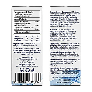 Zane Hellas 50 % Oregano Oil. Greek Essential Oil of Oregano .86% Min Carvacrol. 82mg Carvacrol Per Serving. Probably The Best Oregano Oil in The World. 1 fl. oz.- 30ml