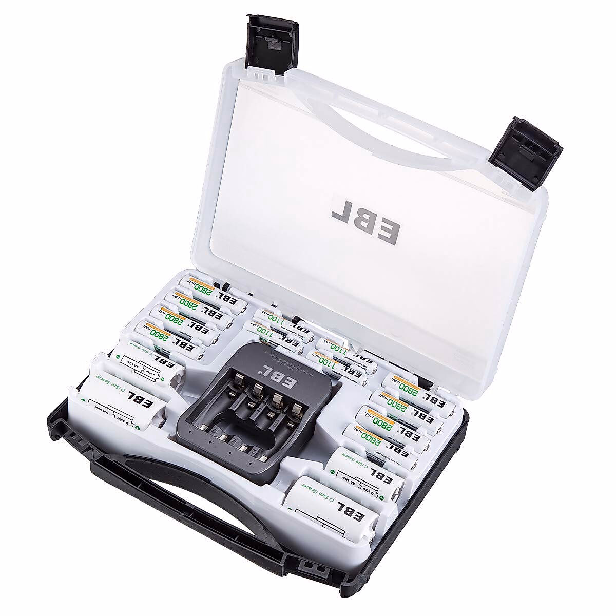 EBL Black Batteries Box Include : Rechargeable 8 AA Batteries + 4 AAA Batteries + 40Min iQuick Battery Charger and 2Pcs C/D Converters with Battery Storage Organizer