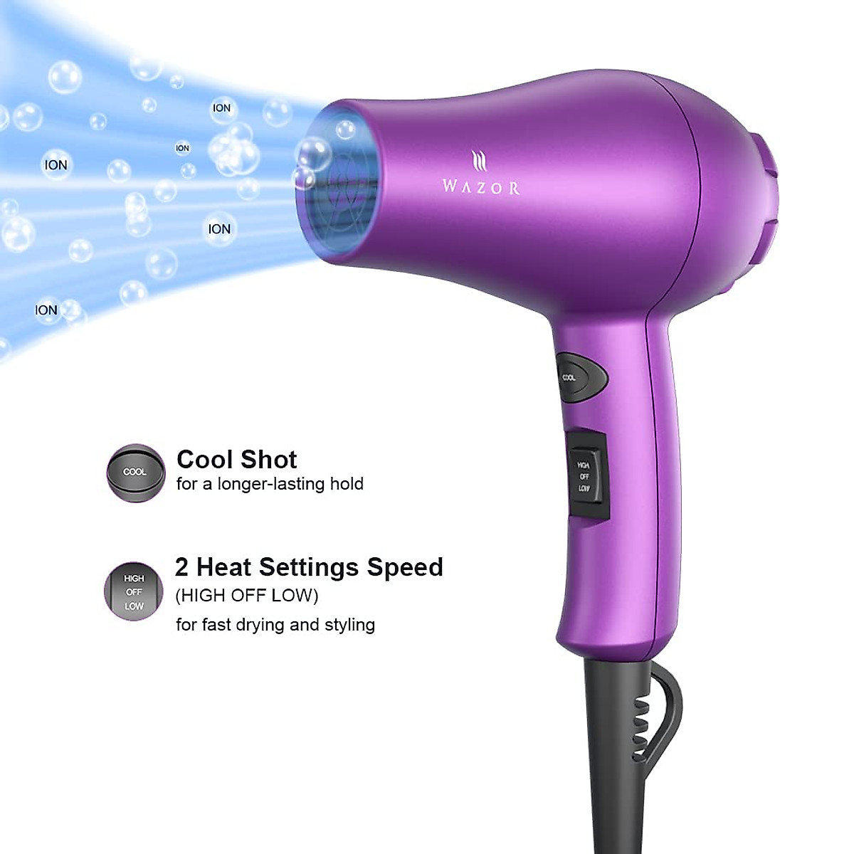 Wazor Compact 1000W Blow Dryer for Kids & Pour Painting Mini Travel Hair Dryer for RV, Ionic Lightweight Dryer with Concentrator, Cool Shot Button, Purple