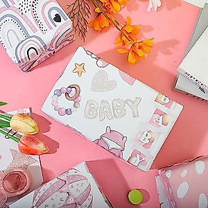 Dtiafu Baby Shower Wrapping Paper for Baby Girl - 12 Sheets Pink Gift Wrap with Baby Feet Bear Unicorn Rainbow Princess Shoes Designs - 20 x 28inch Per Sheet