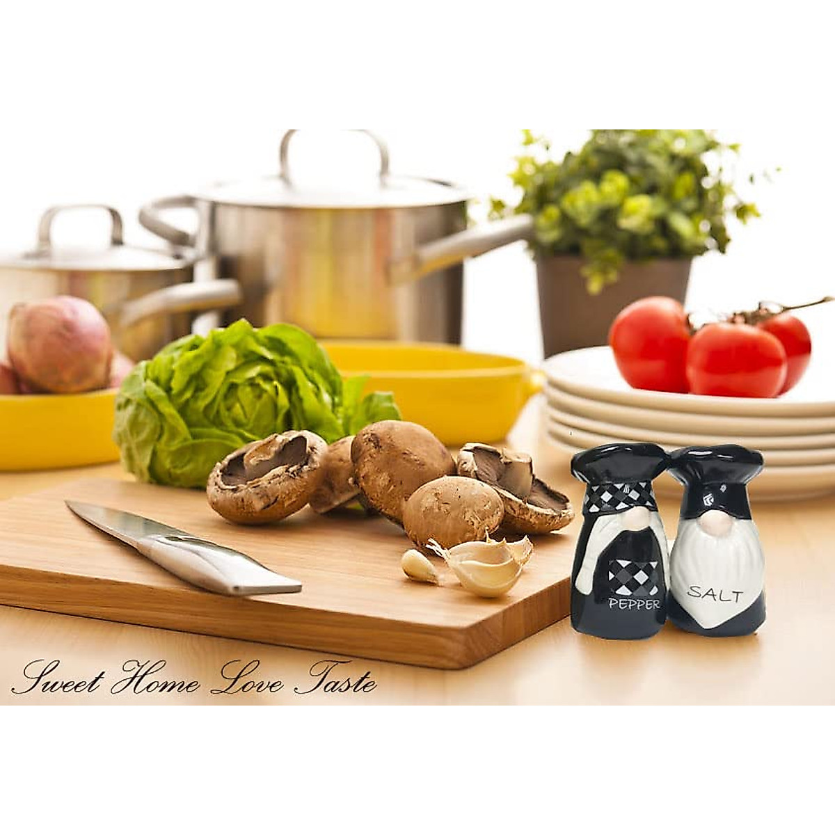 KARALIN Ceramic Salt & Pepper Shaker Sets Tabletop Accessories Cute Gnomes Chef Design Family Gifts with Gift Box ready (Black & White)