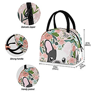 YiGee French Bulldog Floral Dog Lunch Bag Tote Bag, Insulated Organizer Zippered Lunch Box Lunchbox Lunch Container Handbag for Women Men Home Office Picnic Beach Use