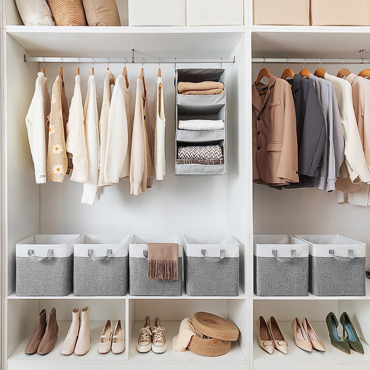 GRANNY SAYS 12x12 Storage Cubes, Cube Storage Bins with Metal Frame, Foldable Cube Storage Organizer, Closet Storage Baskets, Storage Cube Bins, Storage Bins for Shelves, White&Gray, 4 Pack