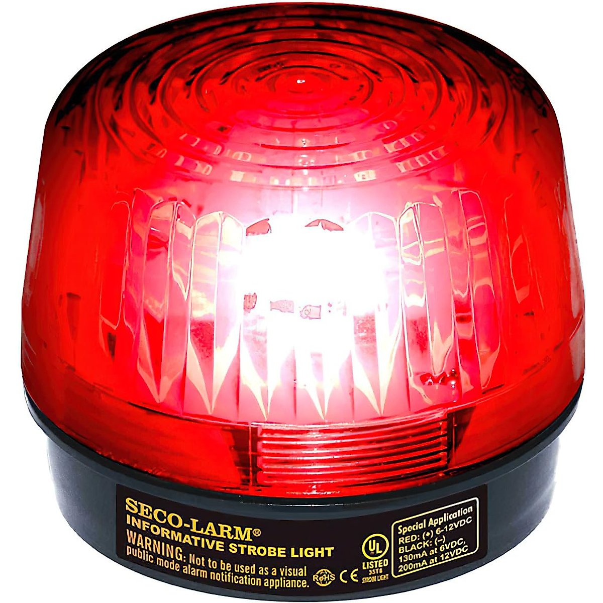 Seco-Larm SL-126-A24Q/R Strobe Light, Red; 6-24VDC; Easy 2-Wire Installation; Operating Lifespan of Over 300 Continuous Hours; Protective Inner Cover Included; 18AWG UL Listed Leads, 12" Long
