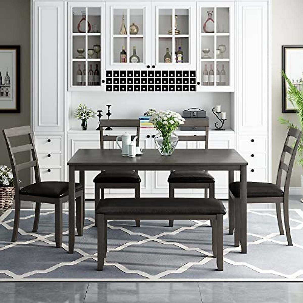 MOEO 6 Piece Kitchen Table Set, Wood Dining Faux Marble Top Diningtable with 4 PU Cushion Chairs & Bench for Breakfast Nook, Bar, Living Room, Gray, Brown
