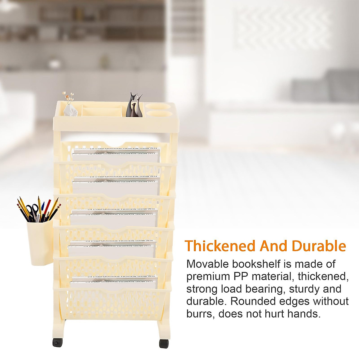 Yosoo Movable Bookshelf Cart, Rolling Utility Cart 6 Tier Large Capacity Thickened Multifunctional Rolling Book Rack Storage Trolley Rolling Bookshelf with Wheel for Deskside Living