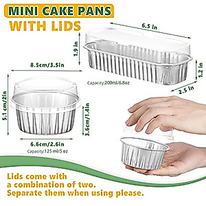 Eaasty 100 Pcs Mini Loaf Pans with Lids and Cupcake Liners with Lids for Valentine's Day Party Aluminum Foil Baking Pans Disposable Tin Loaf Pans Round Foil Cupcake Cups Foil Baking Cups(Silver)