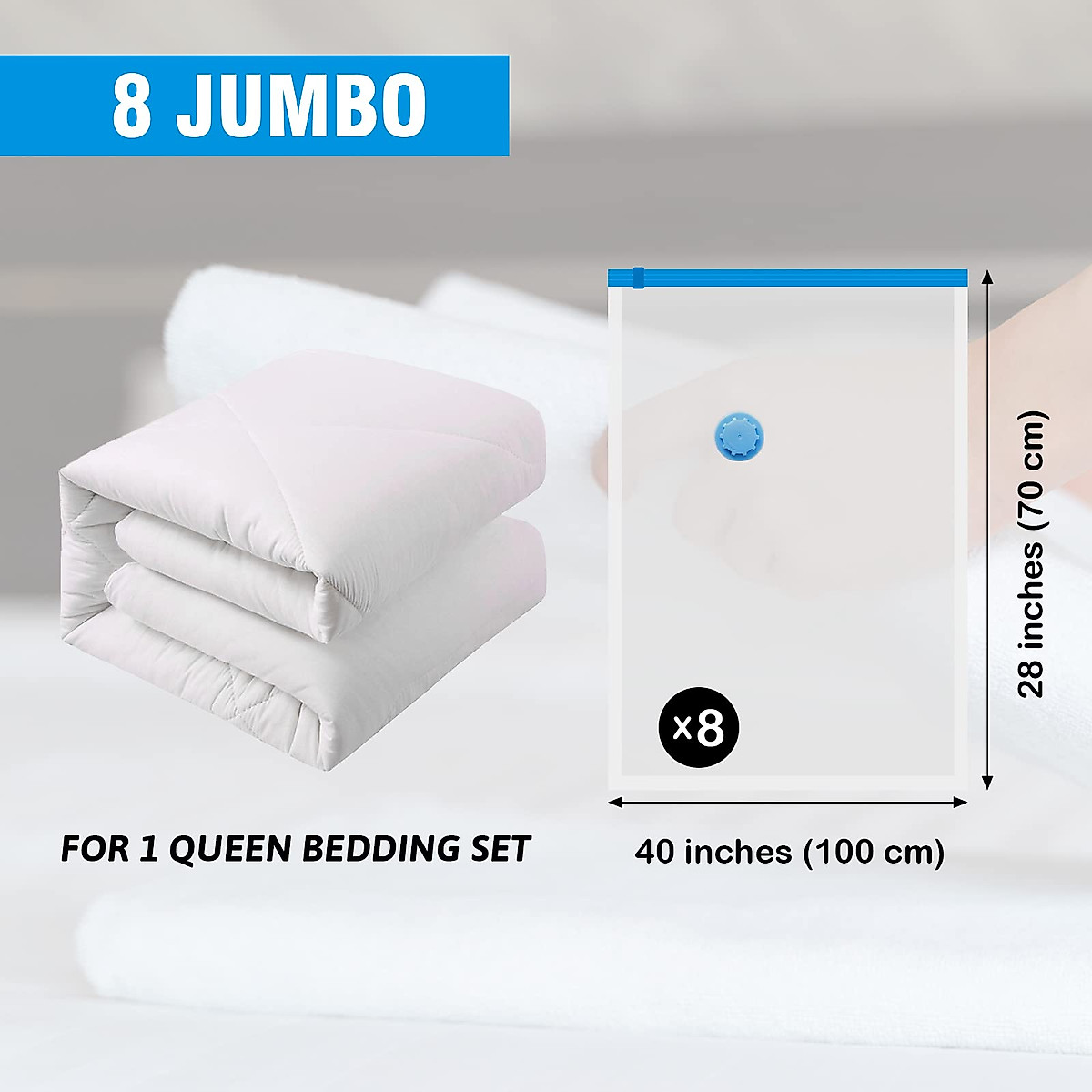 Vacuum Storage Bags, 8 Jumbo Space Saver Bags, Vacuum Sealer Bags for Clothes, Clothing, Comforters and Blankets, Compression Storage Bags with Hand Pump