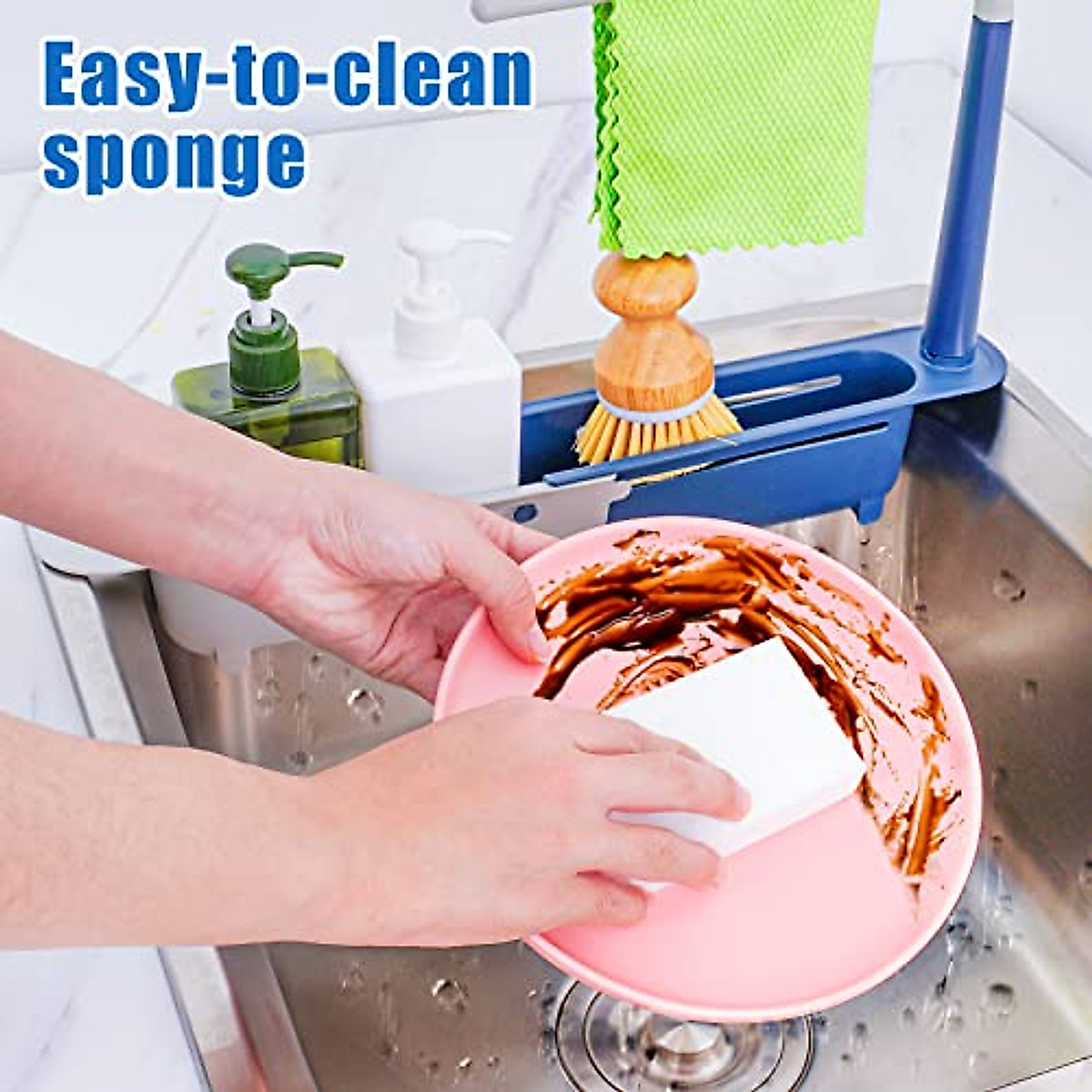 NiHome Telescopic Kitchen Sink Organizer with Towel Hanger and Expandable Drain Basket - Adjustable Length Multifunctional Caddy for Home and Bathroom Storage (Blue/White)