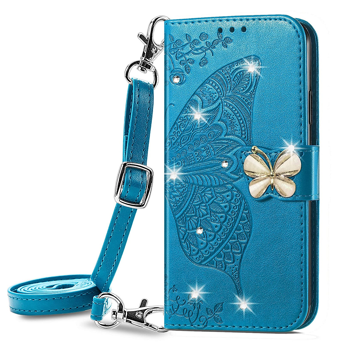 ONV Wallet Case Compatible with Samsung Galaxy S9 Plus -1.5M Adjustable Strap Emboss Butterfly Flip Phone Case Card Slot Magnet Leather Shell Flip Stand Cover for Samsung Galaxy S9 Plus [ZS] -Blue