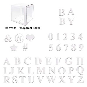 4 pcs White Transparent Balloons Boxes with 30 Letters 10 Numbers 5 Symbols, 49 pcs Party Decorations Kit Supplies, Boys Girls Birthday Baby Shower Gender Reveal Decoration Backdrop, Photo Props