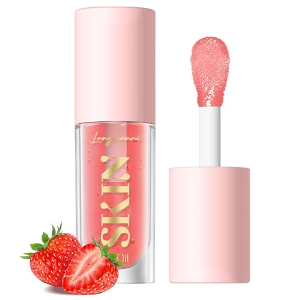 BANGFENG Big Brush Head Lip Glow Oil Plumping Tint, Tinted Lip Balm Transparent Lip Care, Moisturizing Non-sticky Fresh Shiny Texture Lip Oil - Strawberry (Pink)