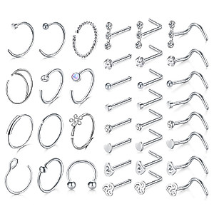 MODRSA Nose Rings Nose Piercings Hoop Nose Rings for Women Stainless Steel Silver Nose Rings Studs 20g