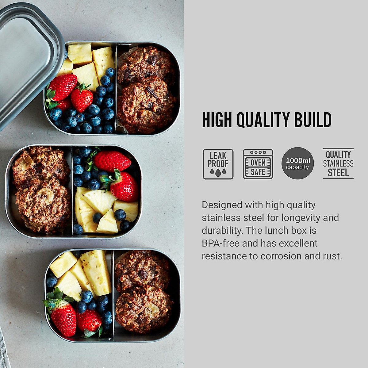 Black+Blum Stainless-steel Lunch Box | Leak-proof Oven Safe Plastic Free Meal Prep Lunch Food Container, Ocean, 1000ml / 34 fl oz