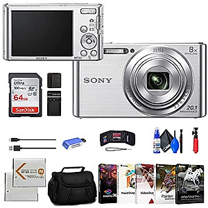 Sony DSC-W830 Digital Camera (Silver) (DSC-W830) + NP-BN1 Battery + Case + Charger + 64GB Card + Card Reader + Corel Photo Software + Flex Tripod + Micro USB Cable + Memory Wallet + Cleaning Kit