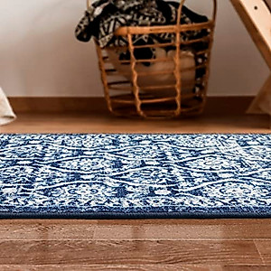 Antep Rugs Alfombras Non-Skid (Non-Slip) 2x7 Rubber Backing Floral Geometric Low Profile Pile Indoor Area Runner Rugs (Navy Blue, 2' x 7')