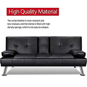 Topeakmart Living Room Futon Sofa Bed Faux Leather Sofa Couch Modern Convertible Folding Recliner with Cup Holders Living Room Furniture Sofa Black