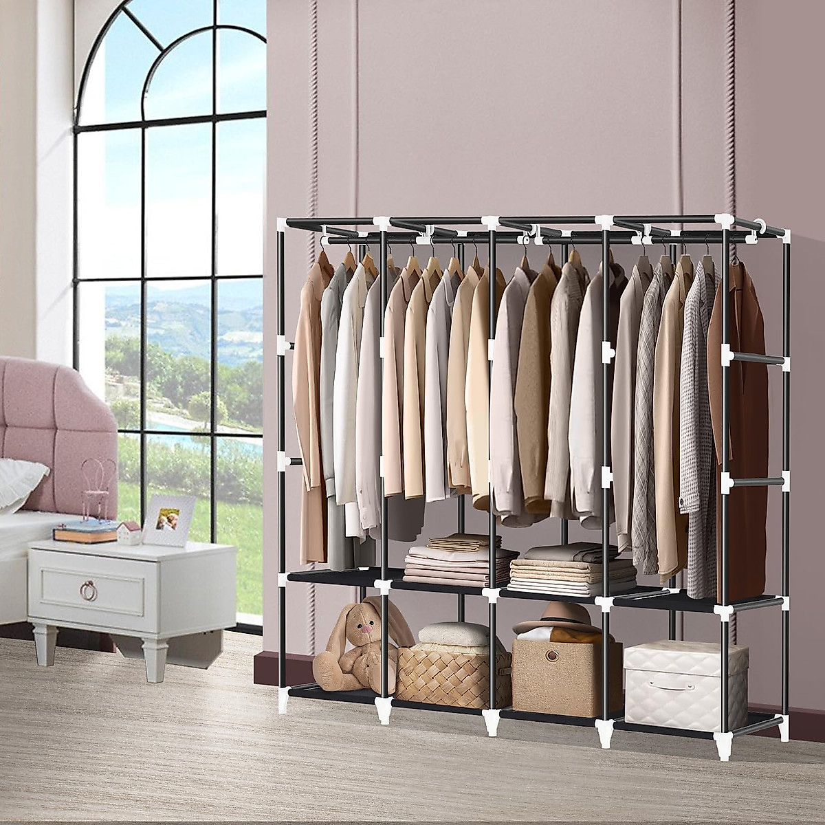 LOKEME Portable Closet, Black Wardrobe Closet Organizer with Cover, Portable Closets for Hanging Clothes 65.4x17.4x64.4 inch,4 Hanging Rods and Shelves, Large Capacity for Bedroom, Living Room