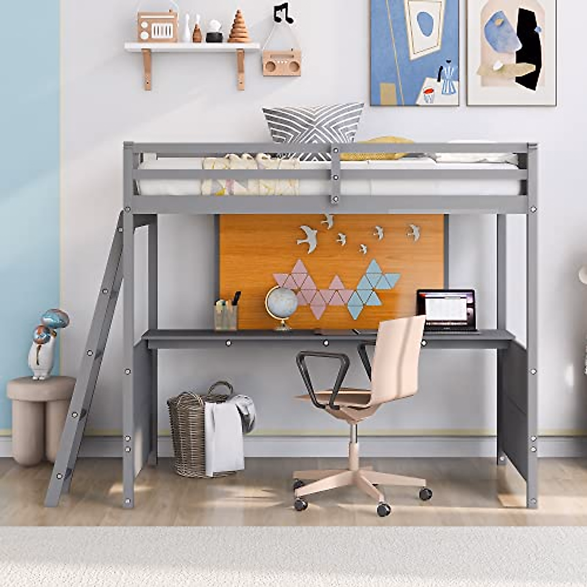 Lifeand Twin Size Loft Bed with Desk and Writing Board, Wooden Loft Bed with Desk,Gray