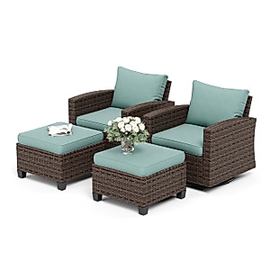 SUNSHINE VALLEY Swivel Glider Outdoor Patio Furniture Set,Wicker Patio Furniture Set with Swivel Chairs,Rattan Outdoor Furniture Small Patio with 4" Thick Waterproof Cushion,4 Pieces 4 Seats,Blue