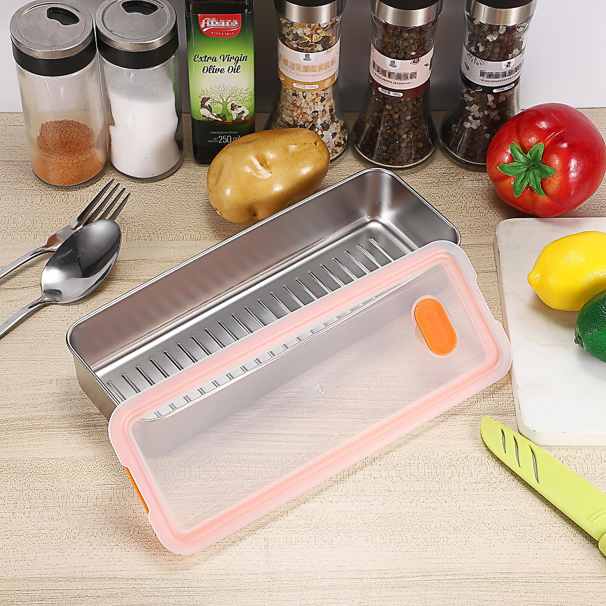 JUXYES Bacon Storage Container for Refrigerator, Stainless Steel Bacon Storage Box for Fridge with Transparent Lid, Airtight Bacon Storage Keeper, Deli Meat Saver Cuts Food Storage Organizer