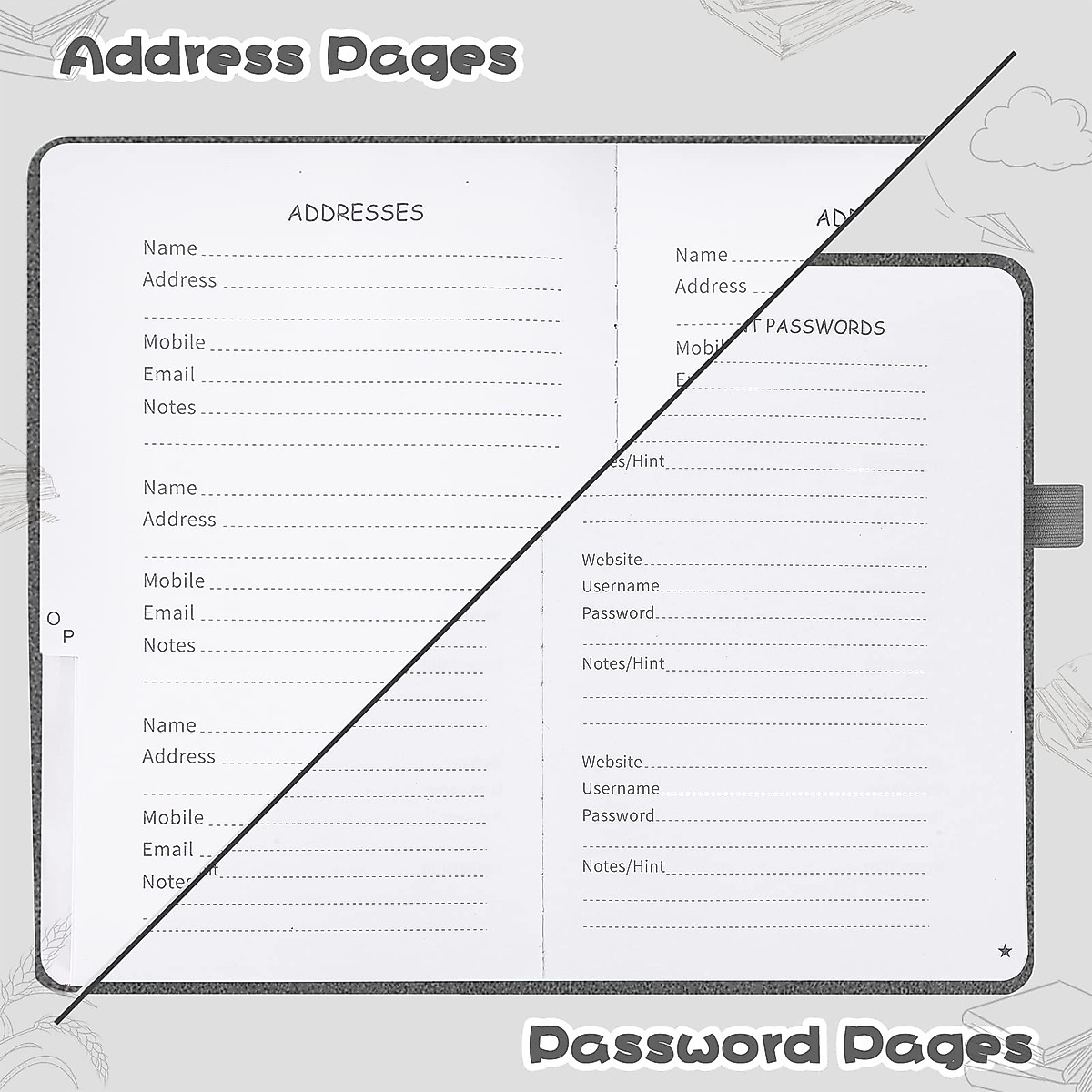 YHCFLY Address Book with Alphabetical Tabs, PU Leather Password Keeper and Telephone Book Address Organizer Record Contacts, Anniversaries, Birthdays - 5.3"x7.7" Grey