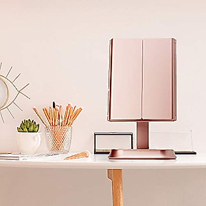 Fancii Makeup Mirror with Natural LED Lights, Lighted Trifold Vanity Mirror with 5X & 7X Magnifications - 40 Dimmable Lights, Touch Screen, Cosmetic Stand - Sora (Rose Gold)