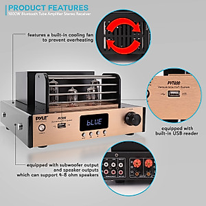 Pyle Bluetooth Tube Amplifier Stereo Receiver - 1000W Home Audio Desktop Stereo Vacuum Hi-Fi Power Amplifier Receiver w/ 4 Vacuum Tubes, USB/CD/DVD Input, Optical/Coaxial, Subwoofer Output - PVTA90