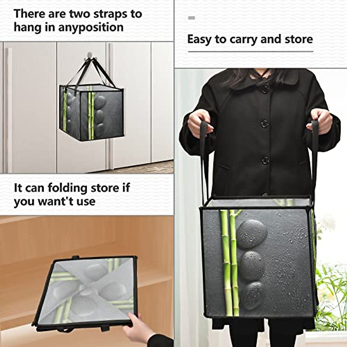 Poeticcity Black Zen Basalt Stones with Dew Green Bamboo on Dark Square Storage Basket Bin, Collapsible Storage Box, Baskets Organizer for Toy, Clothes Easy to Assemble 10.6x10.6x10.6 in