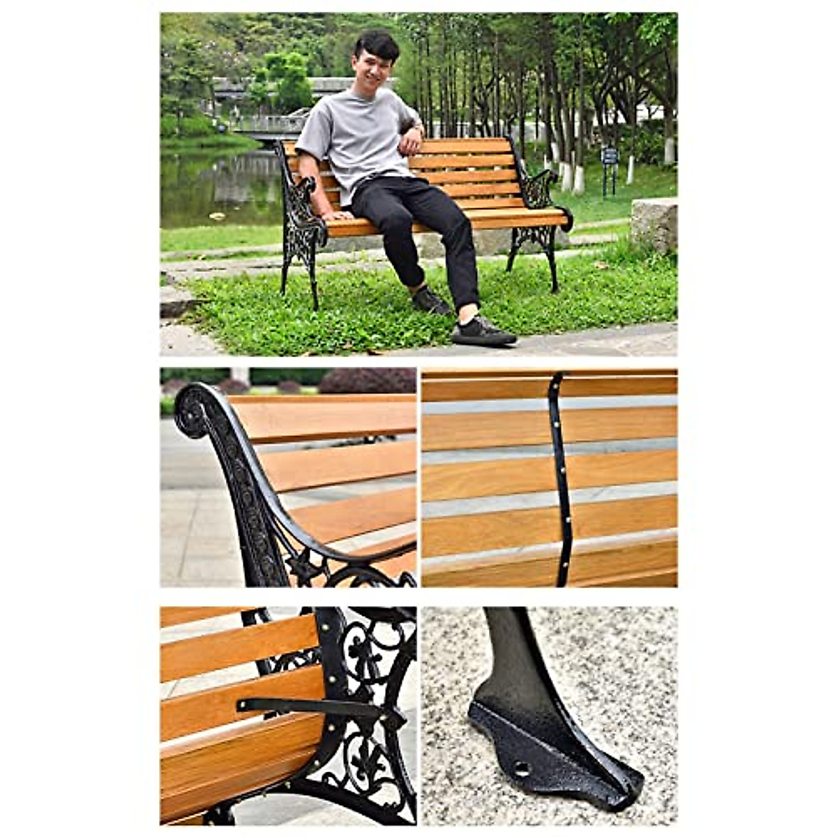 ManiCrown Patio Garden Bench，Outdoor Preservative Wood Park Bench Porch Bench Chair with Rust Resistant Cast Iron Frame,Porch Bench with backrest and armrests Slatted Seat, for Lawn/Poolside