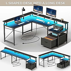 Rolanstar Computer Desk with File Drawer, 68" L Shaped Desk with Power Outlet & LED Strip, L Shaped Computer Corner Desk with File Cabinet, Gaming Desk with Monitor Shelf, Home Office Desk, Black